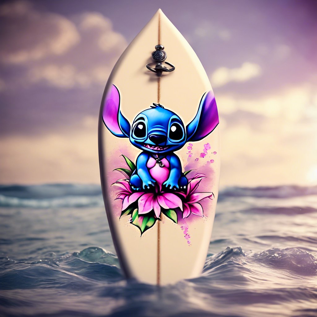 Stitch on a surfboard in the Fanart