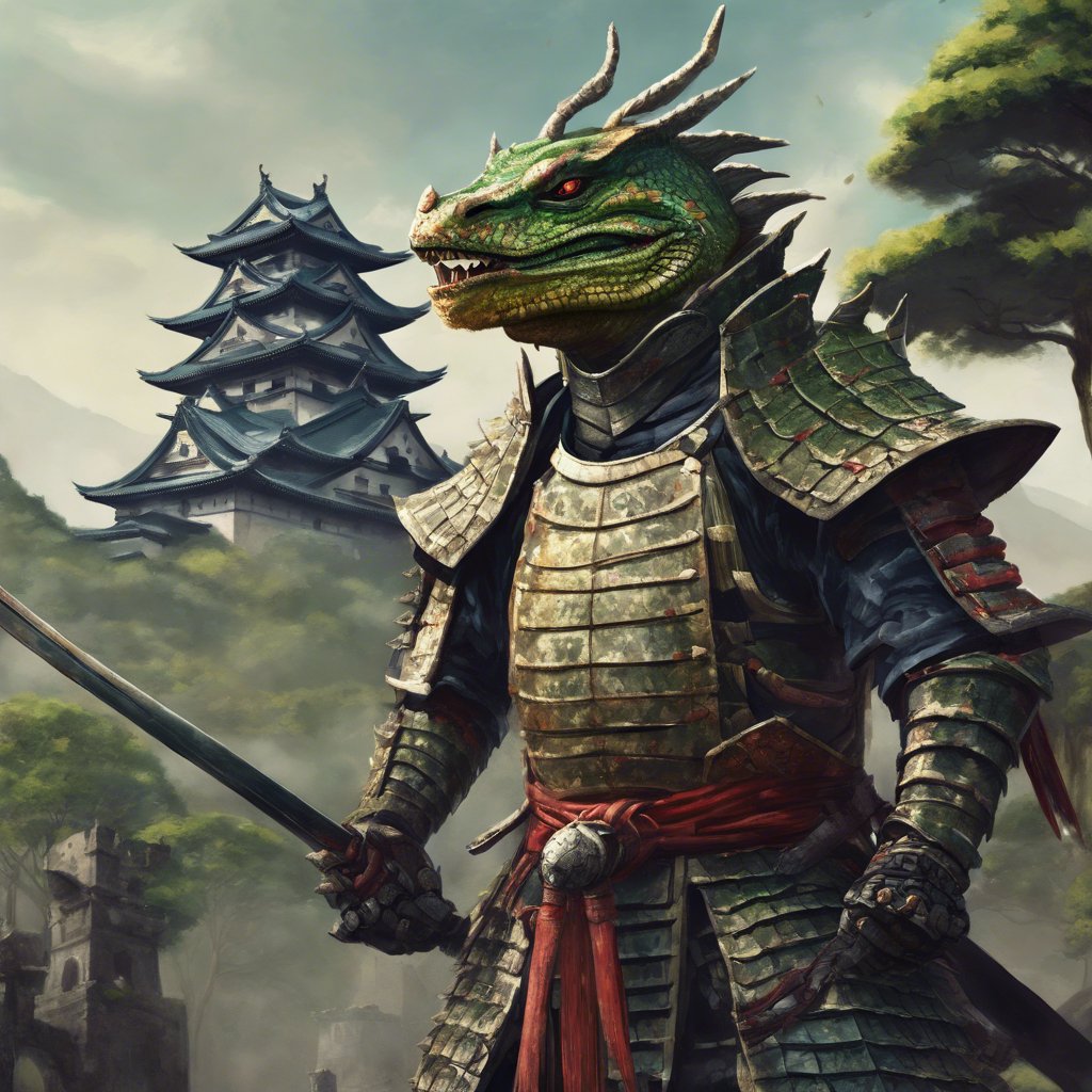 Lizardmen army, samurai armor, lizard head, Fanart