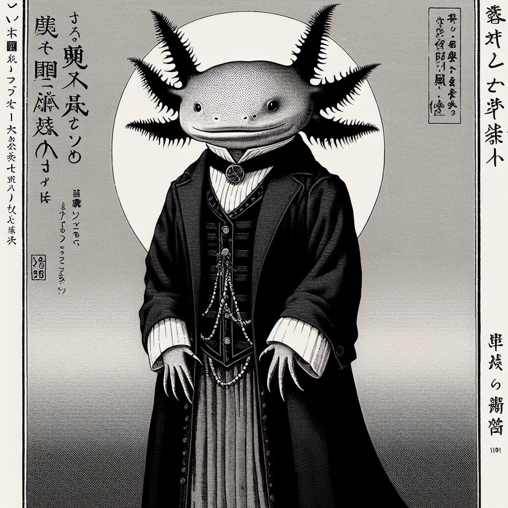 Anthropomorphic gothic monochrome axolotl Fanart