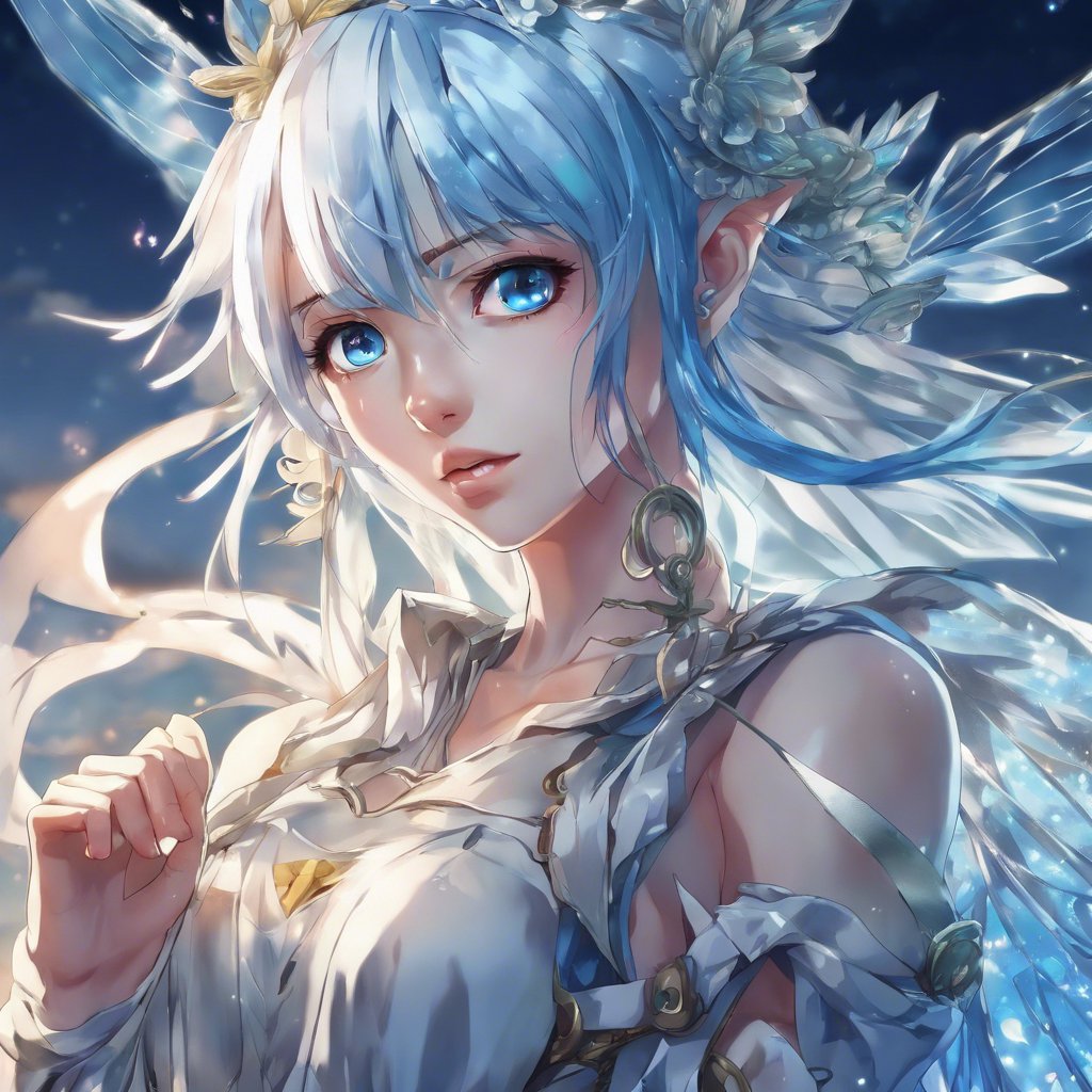 Silver skin female blue hair white Fanart