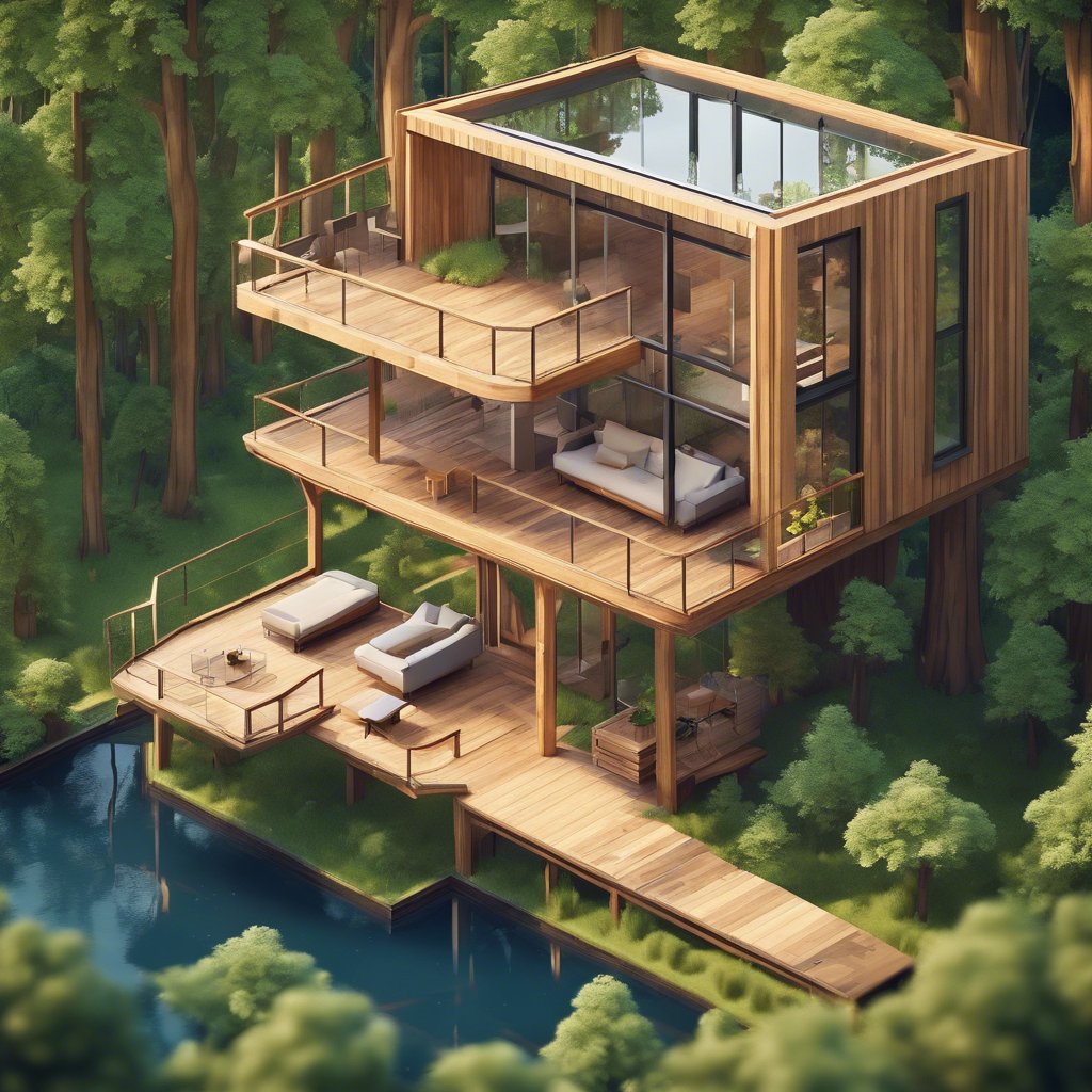Modern treehouse with large windows, natural Fanart