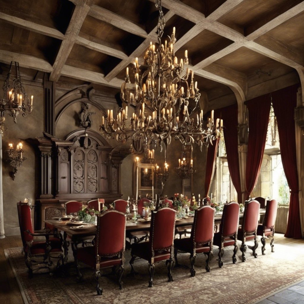 A regal medieval-themed dining room with | Fanart