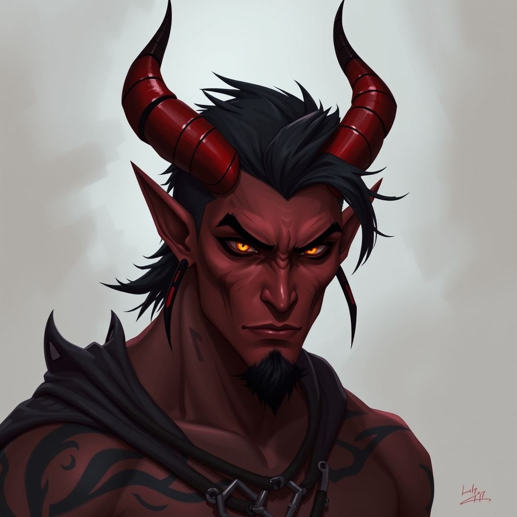 Red male tiefling with black hair | Fanart