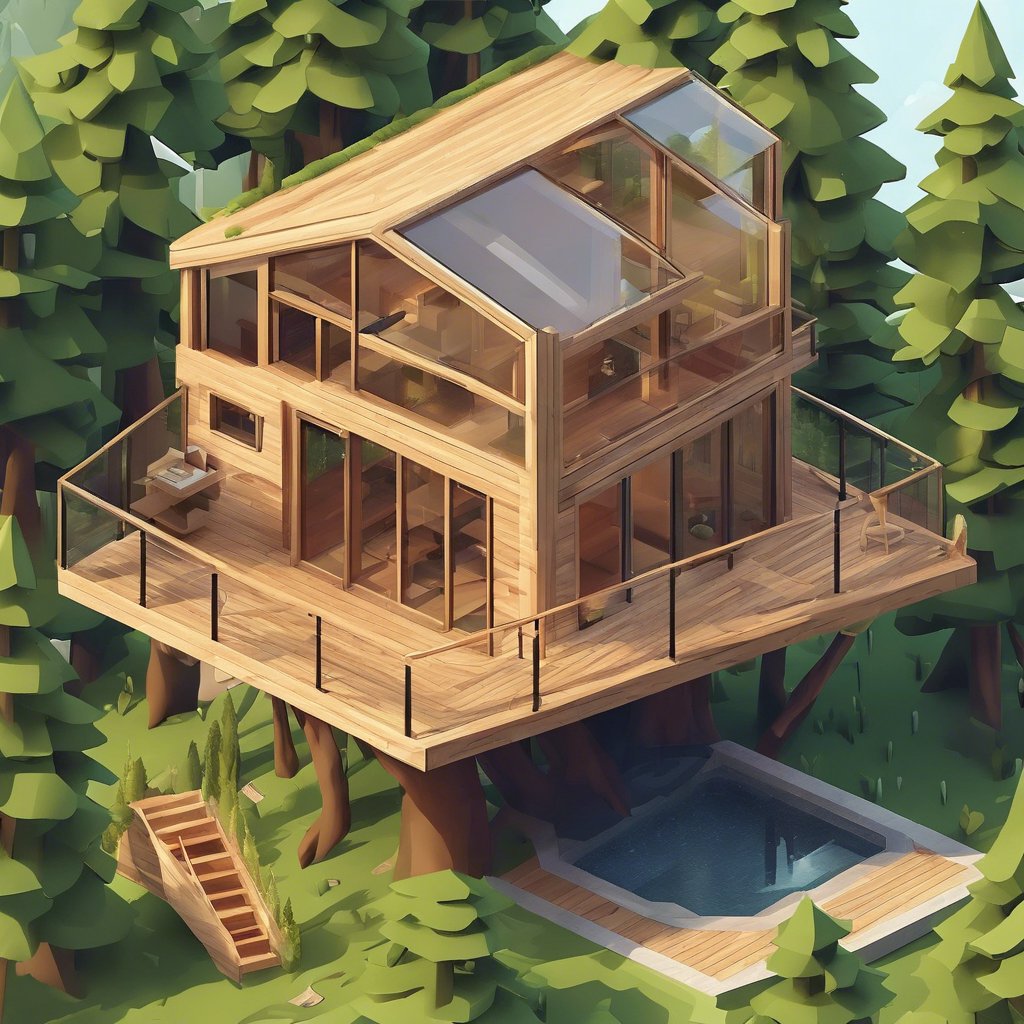Modern treehouse with large windows, natural Fanart