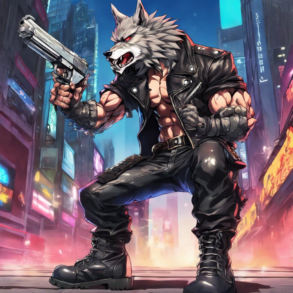 Muscular Punk Wolf Man wearing leather Fanart