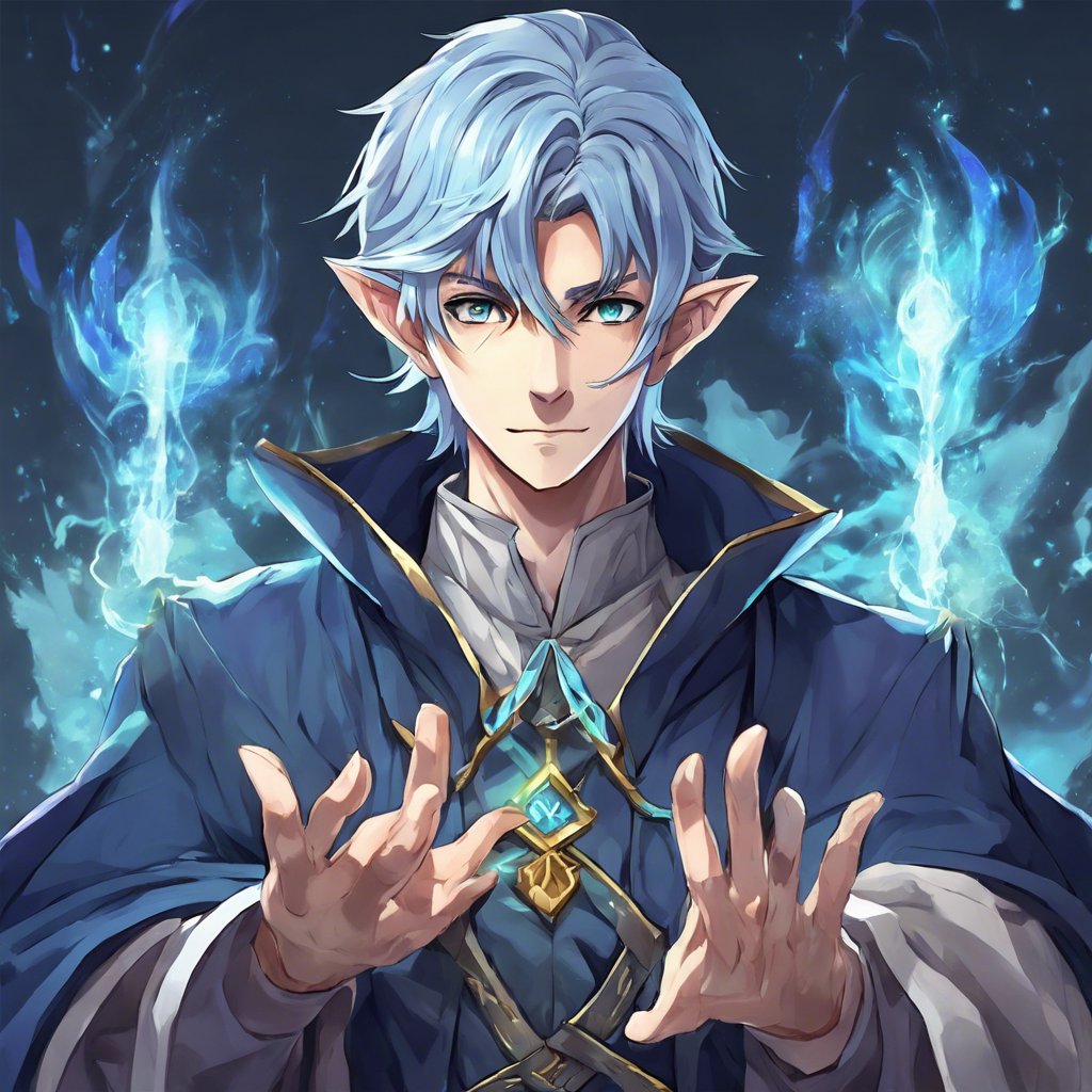 male elf mage with greyish blue Fanart