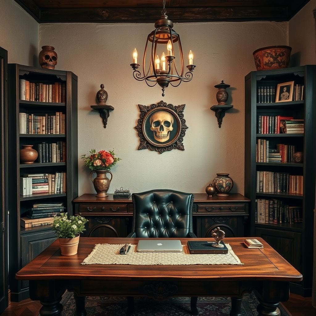 Rustic gothic Mexican small office with Fanart