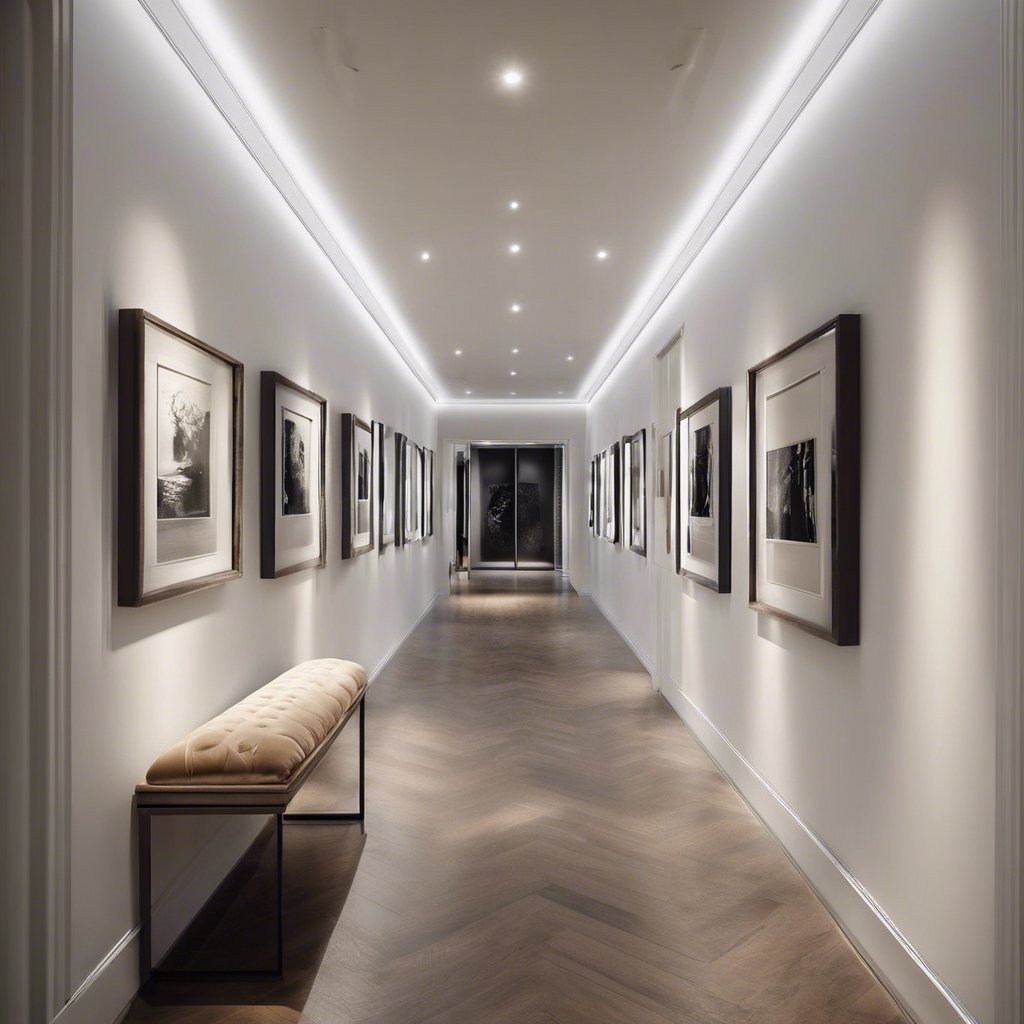 A sophisticated art gallery-style hallway with Fanart