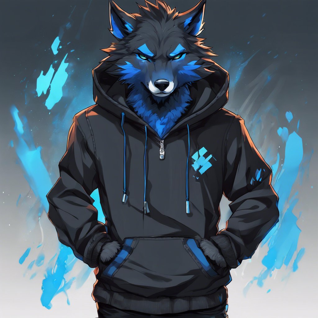 Cute black male wolf with blue Fanart