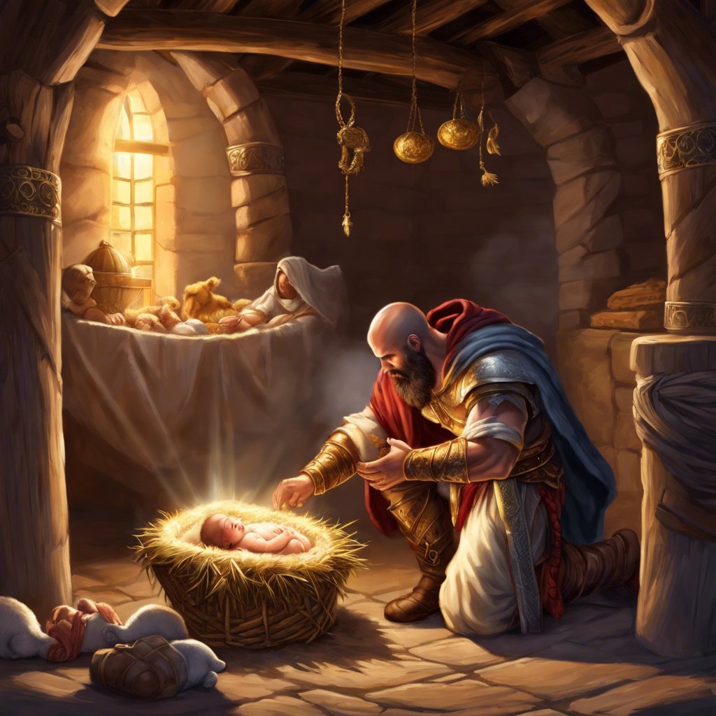 Kratos, a wiseman, bringing gold, kneeling Fanart