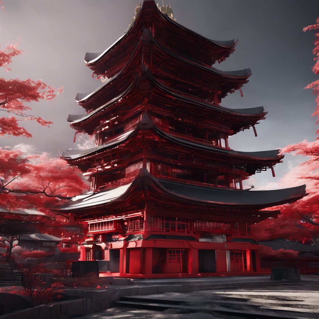 Futuristic Japan: red and black temple, | Fanart