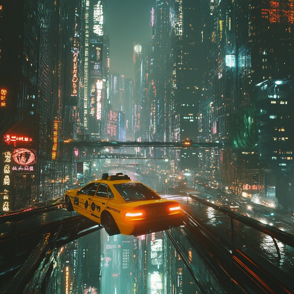 Cyberpunk taxi navigating a vertical megacity Fanart