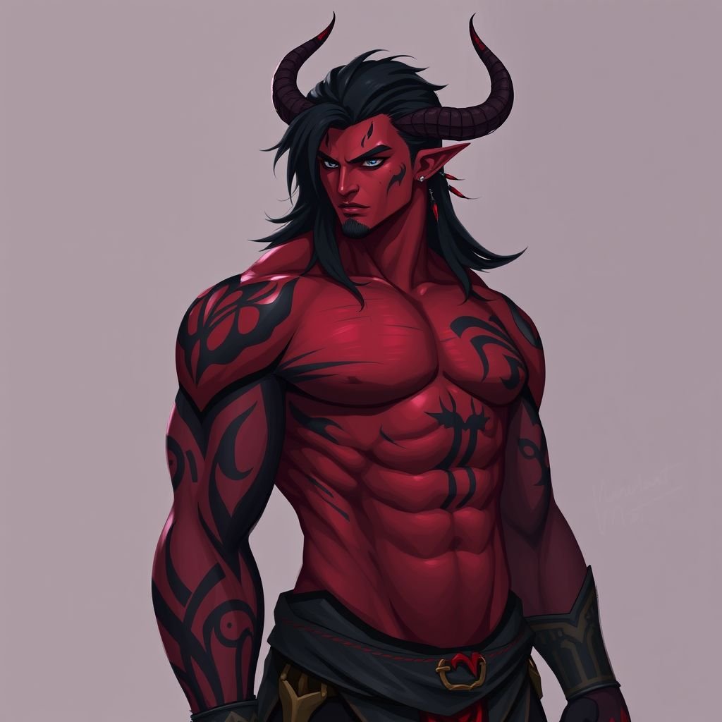 Red male tiefling with muscles black | Fanart