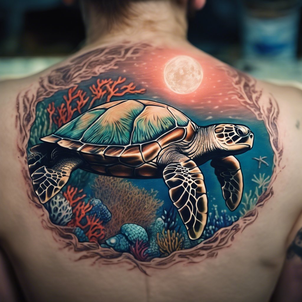Sea turtle, full moon, coral reefs | Fanart