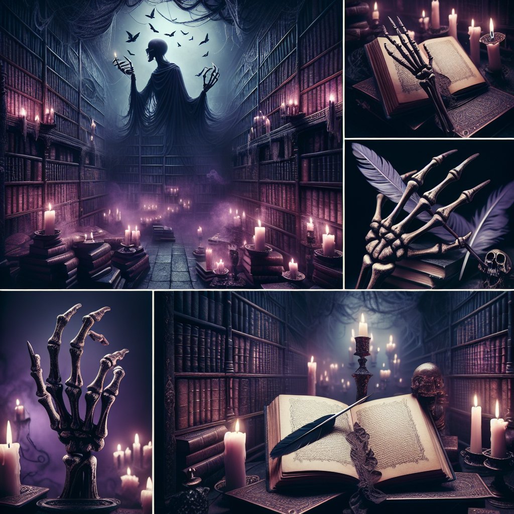 Gloomy dark library, quills, skeletal hands, Fanart