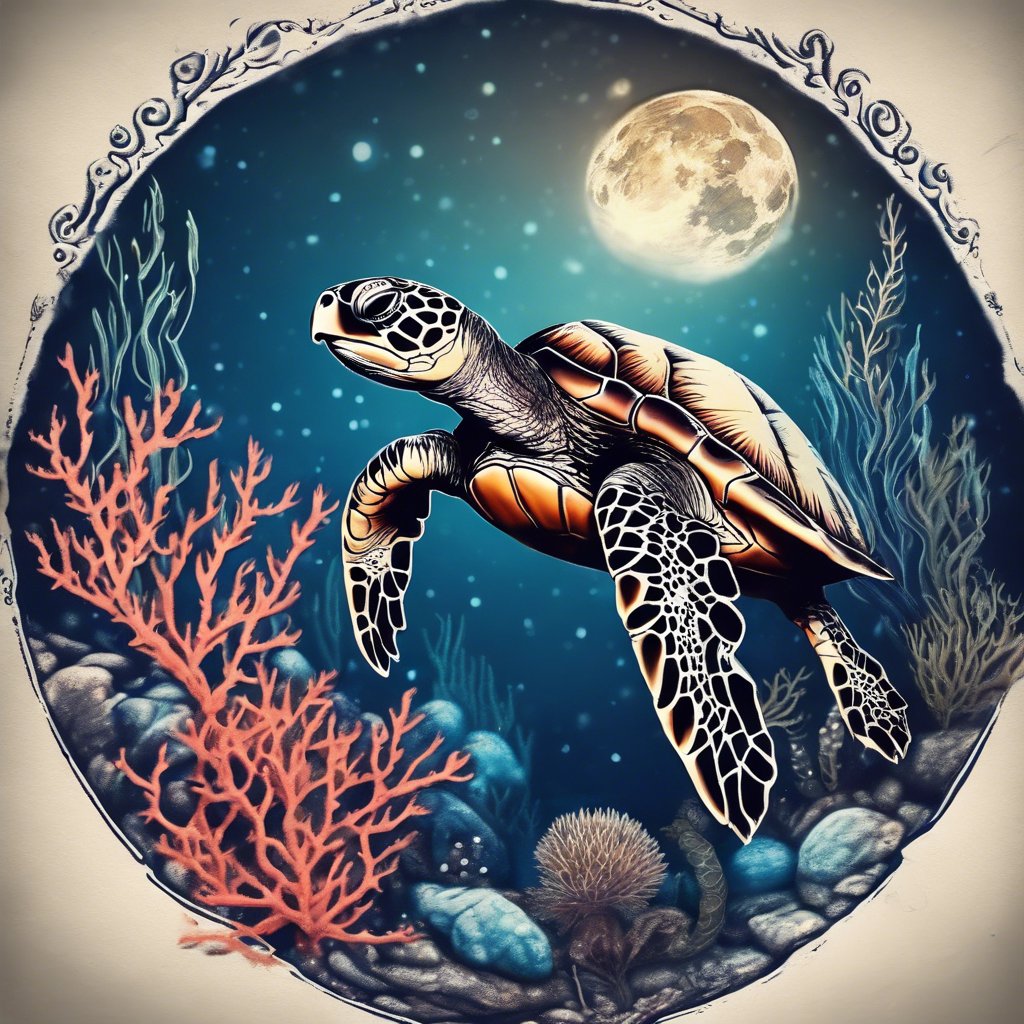 Sea turtle, full moon, coral Fanart