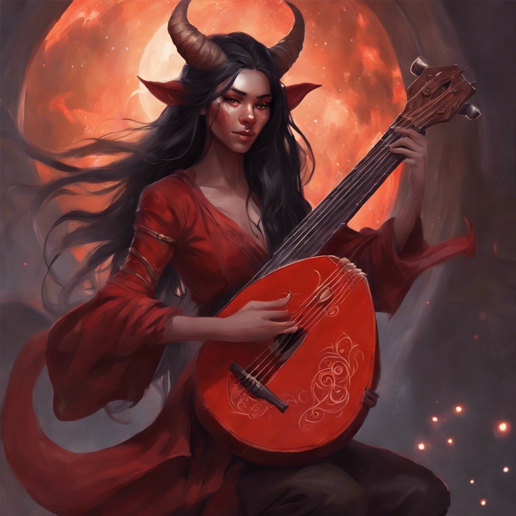 A red tiefling bard she has Fanart