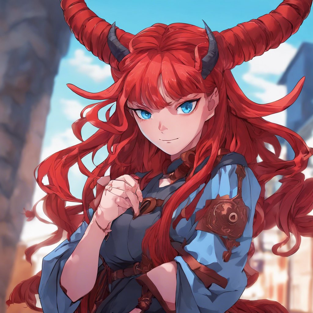 Tiefling, red skin, girl, long red Fanart