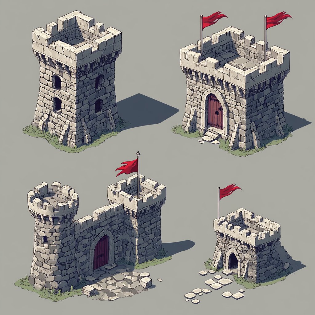 Isometric medieval castle, stone walls, red Fanart