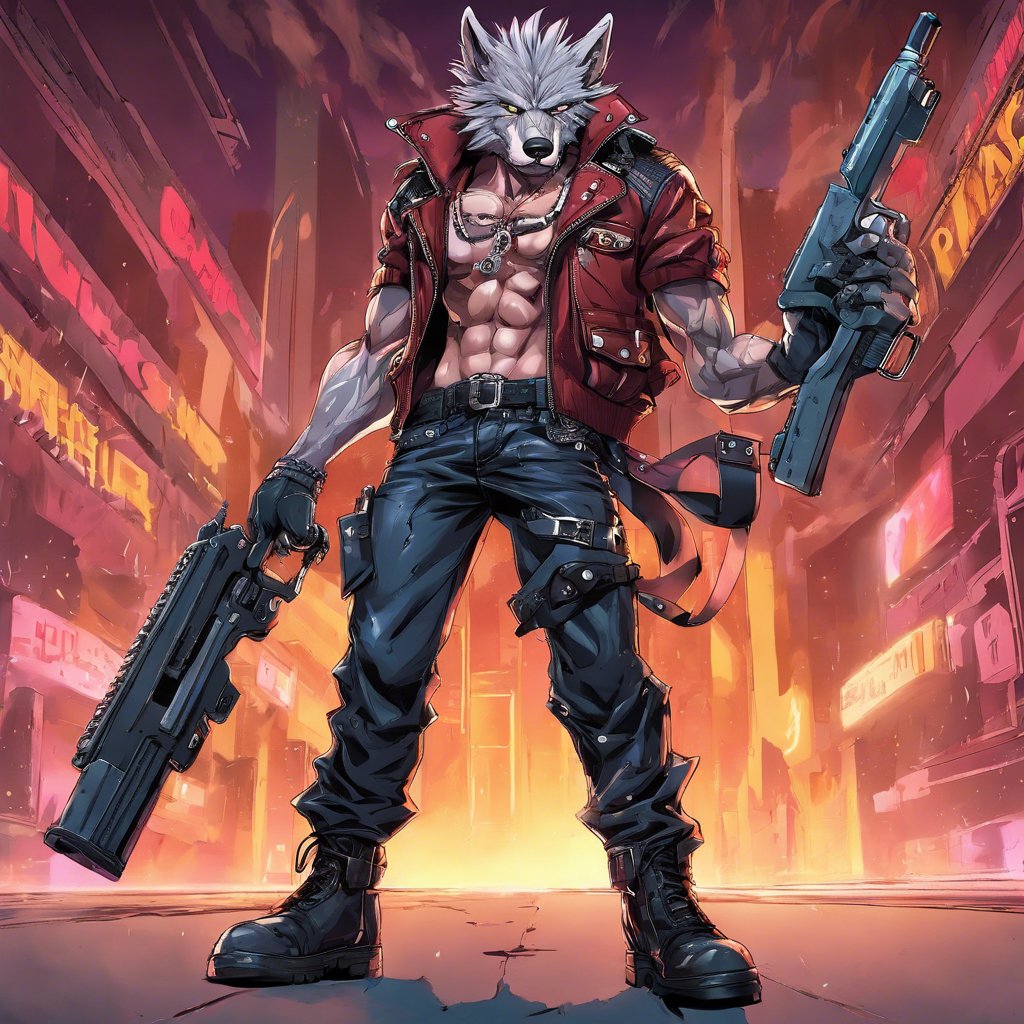 Muscular Punk Wolf Man wearing leather Fanart