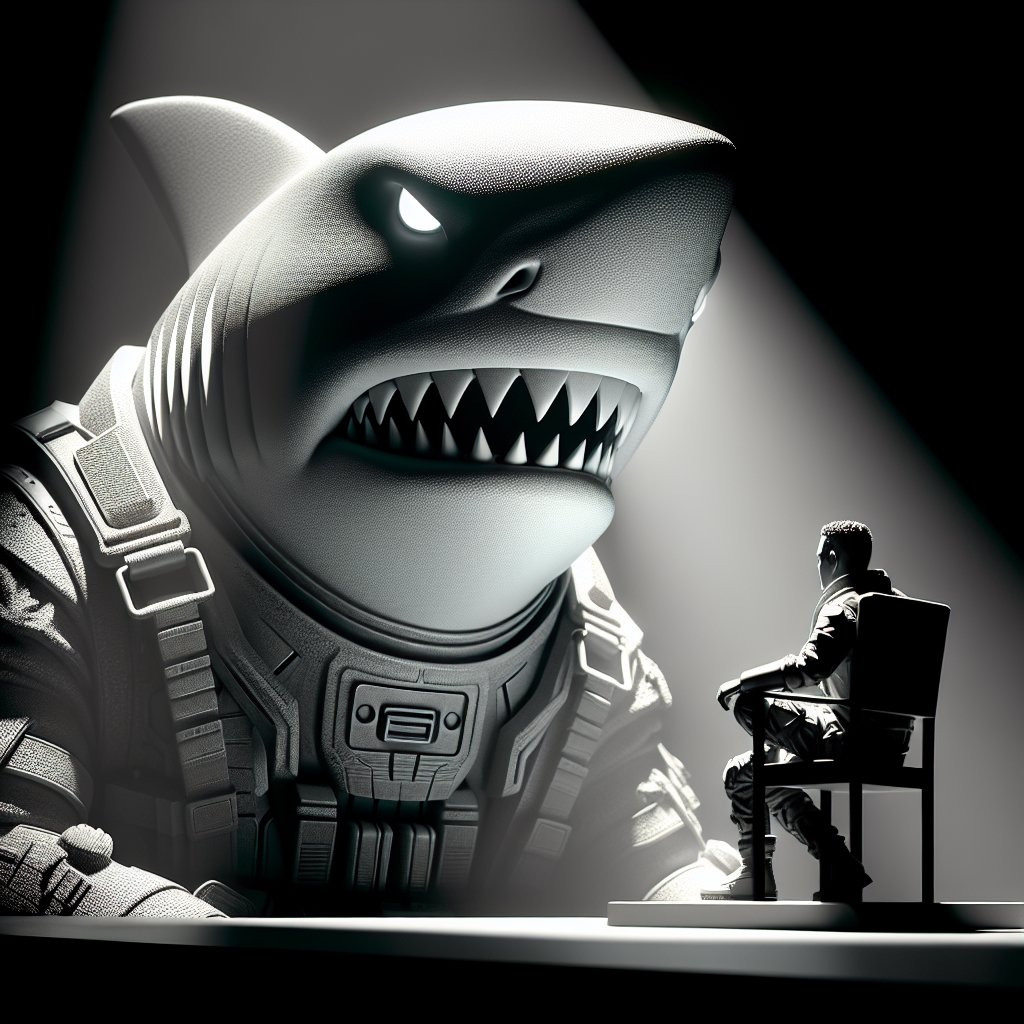 Anthropomorphic shark standing menacingly looking down Fanart
