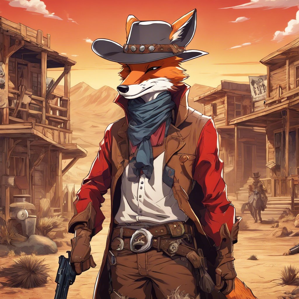 Red fox, anthropomorphic, cowboy, revolver, desert, Fanart